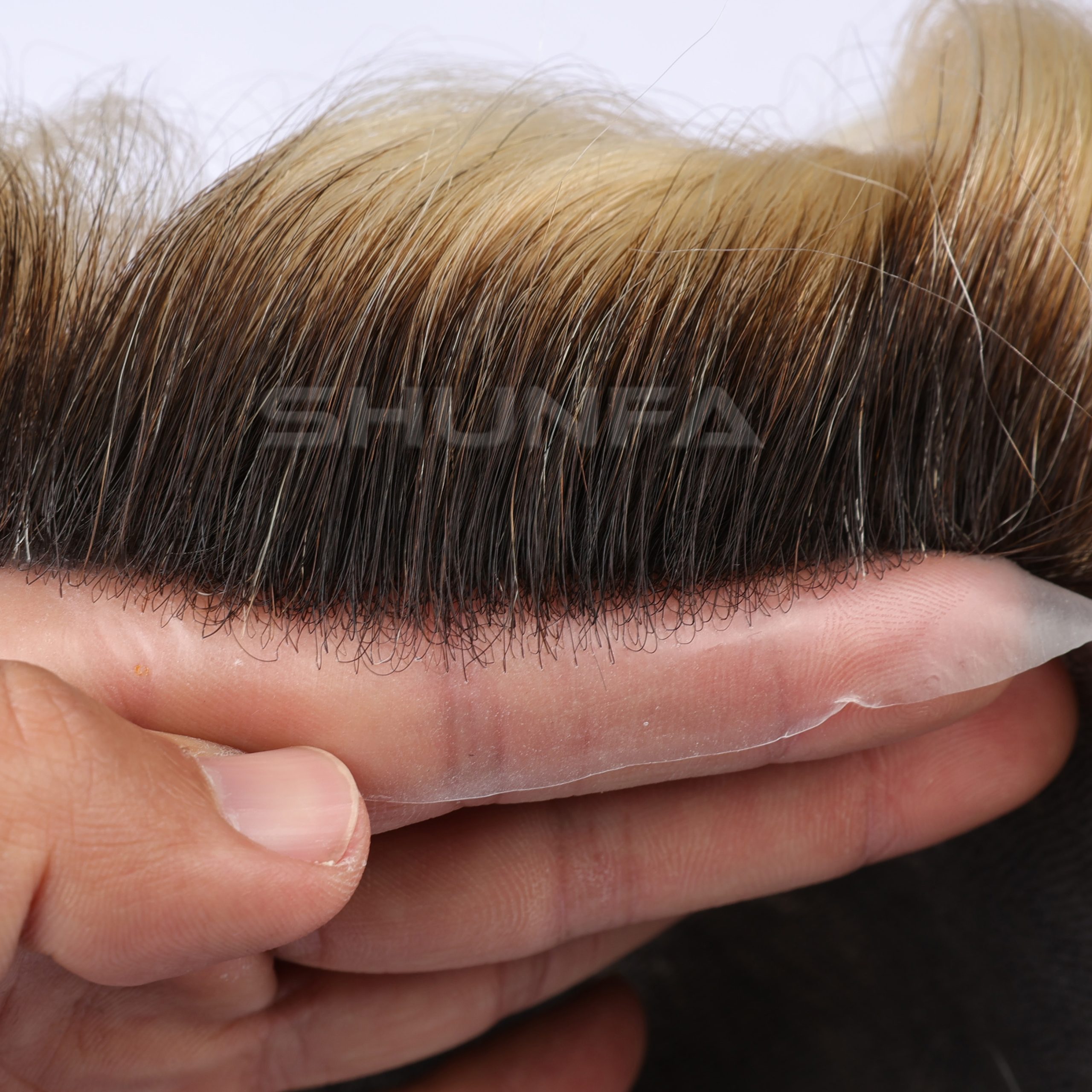 Fashion color T2/613 knotted full skin hair systems for hair loss men ...